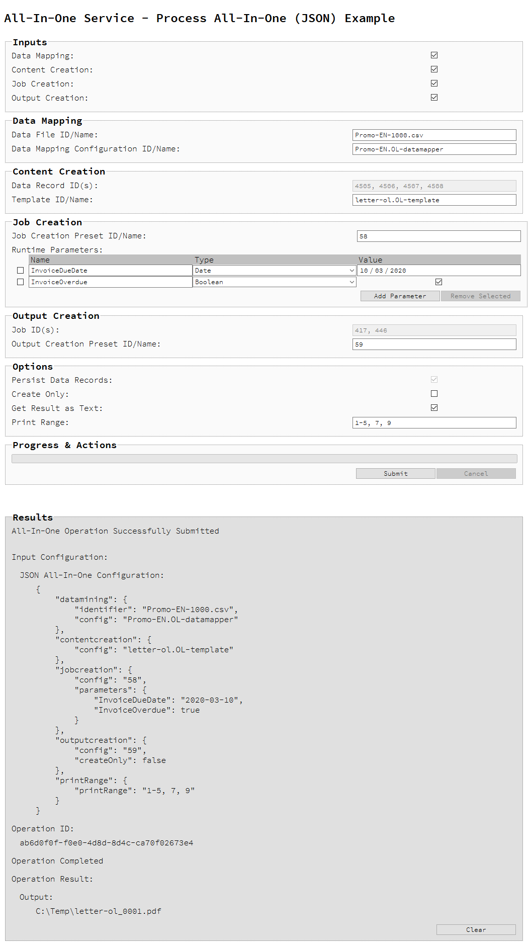 Running an All-In-One Operation (Using JSON)