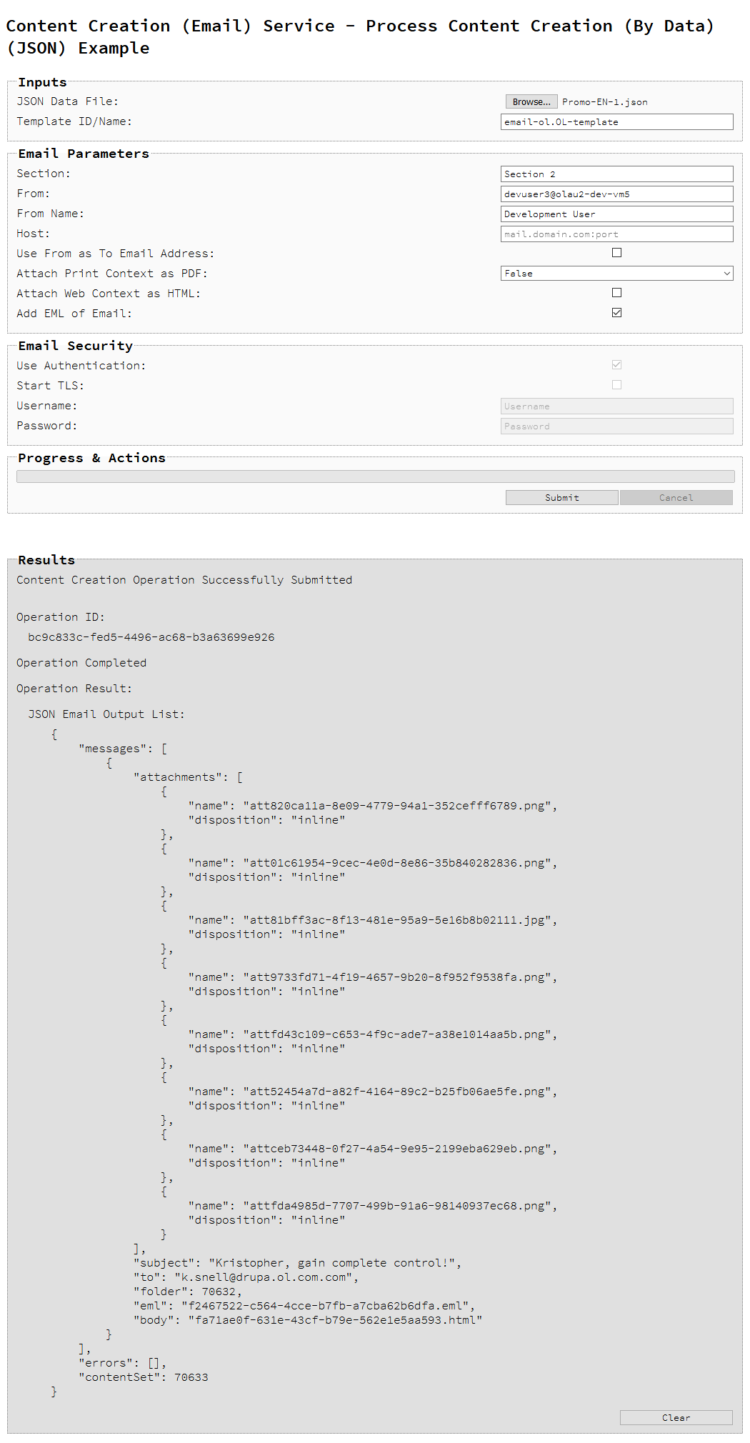Running A Content Creation Operation For Email By Data Using Json