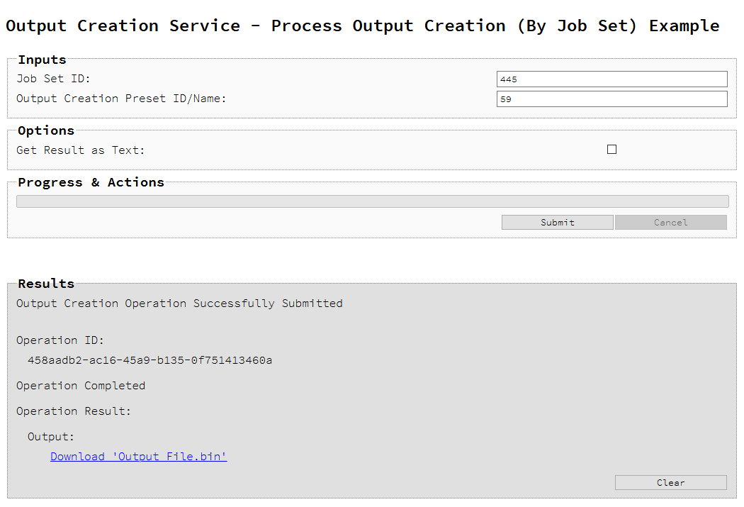 Running an Output Creation Operation By Job Set